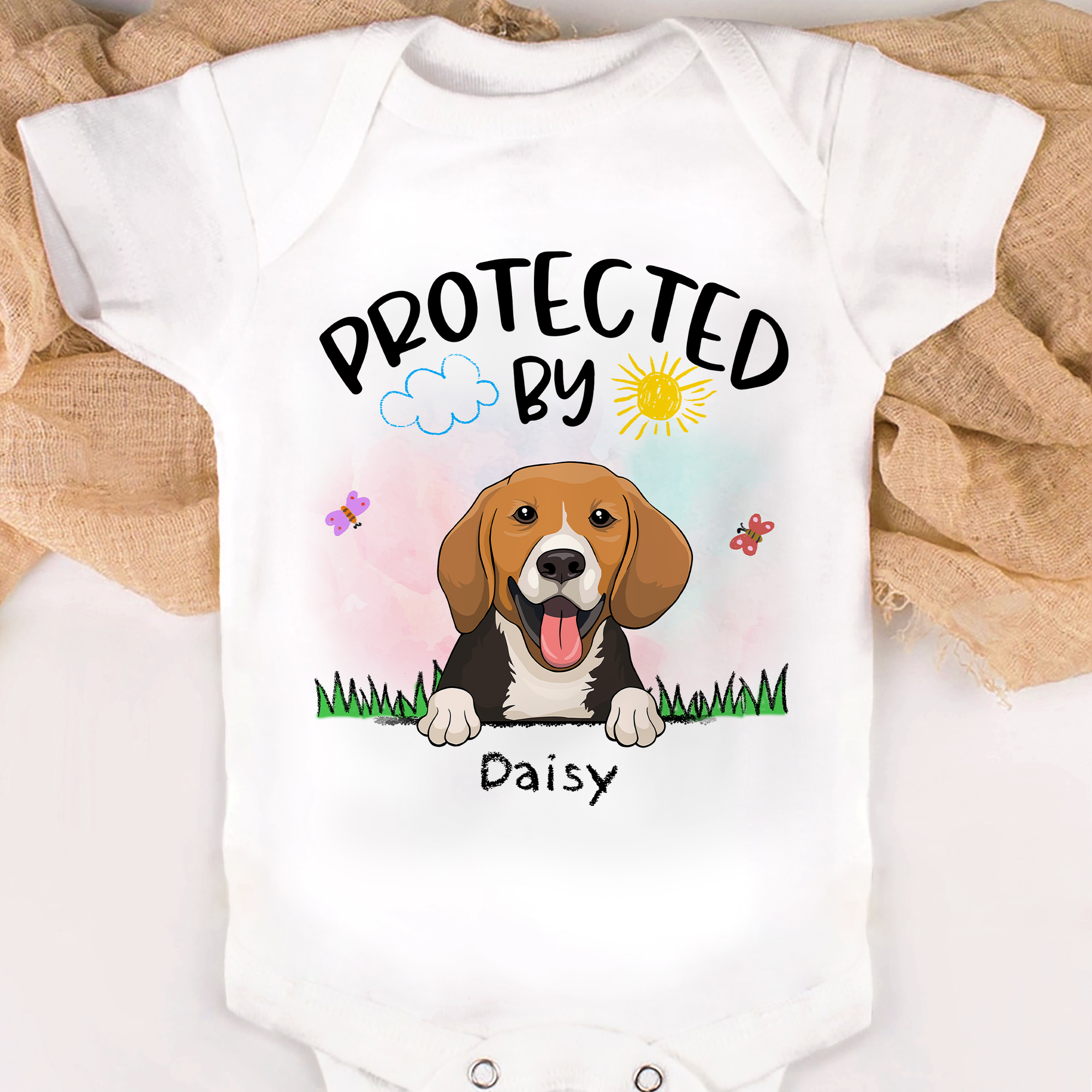 Custom Baby Onesies - Protected By - Up to 7 Dogs - Personalized Onesie