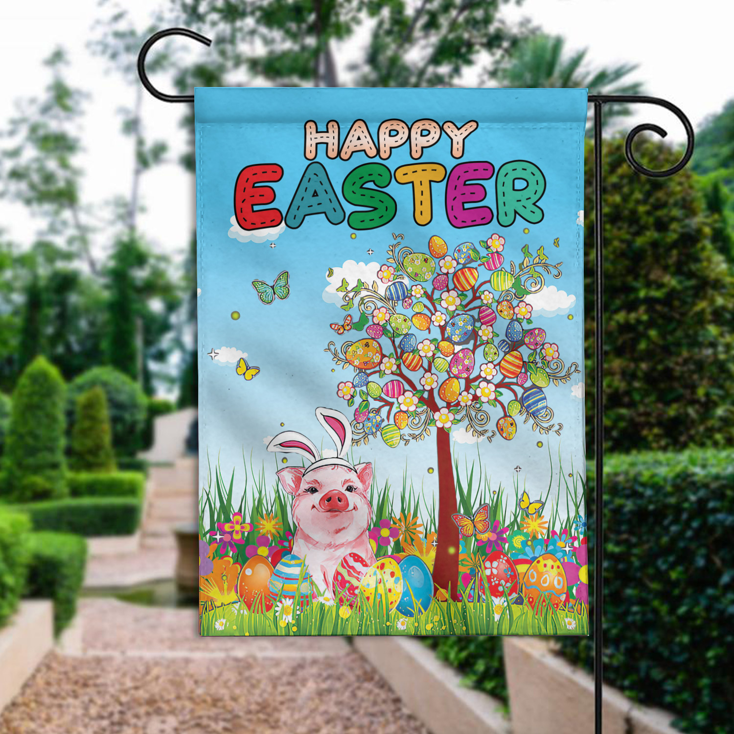 Happy Easter - Happy Easter Pig Flag Pig Bunny Easter Eggs Spring ...