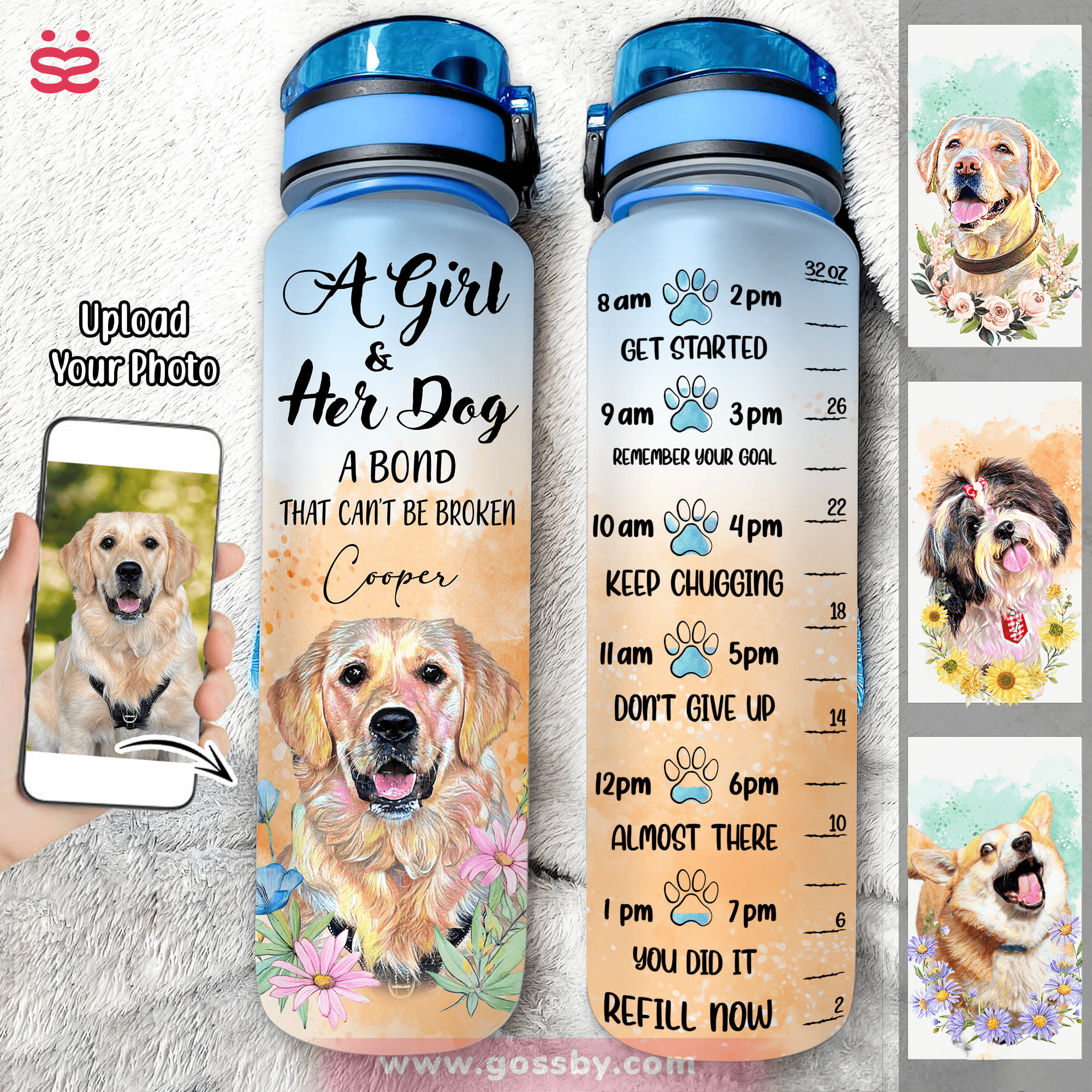 Dog Lover Water Bottle - Dog Portrait Art - Flowers - Custom Pet Dog or ...