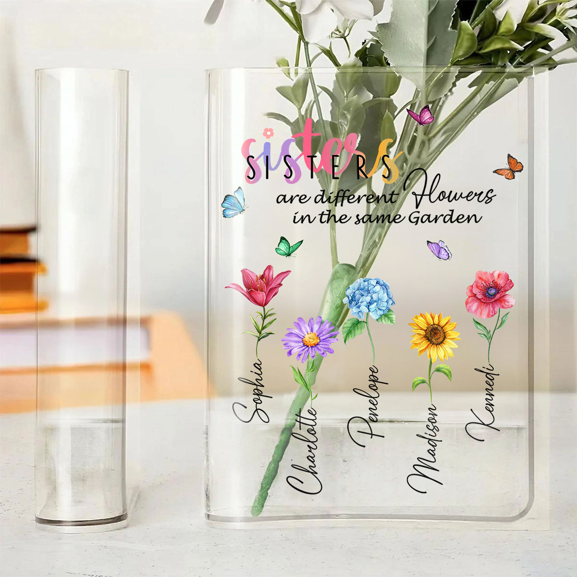 Gossby Personalized Acrylic Book Vase - Sisters are different flowers ...